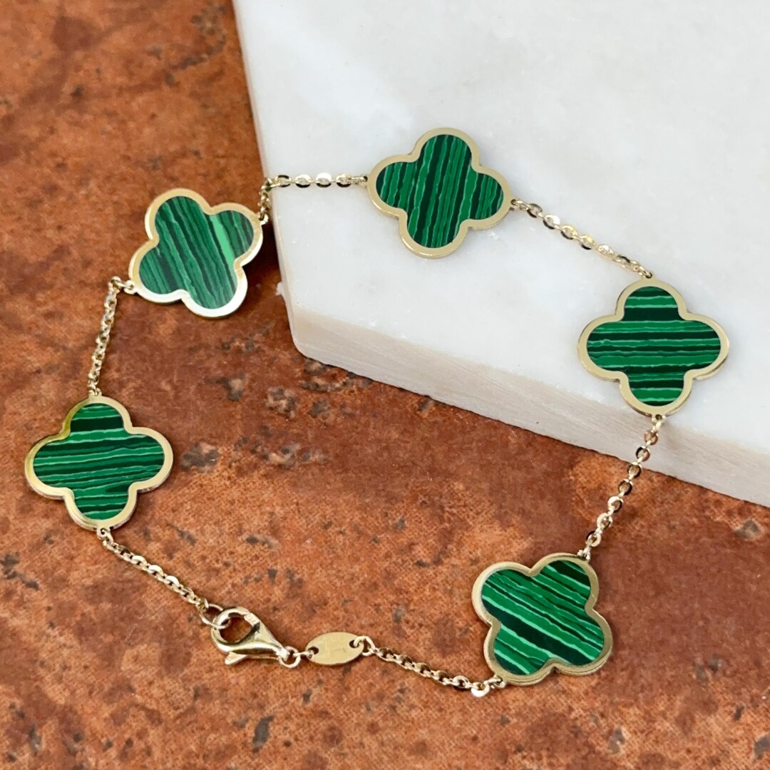14KT Yellow Gold 14mm Green Malachite Clover Station Chain Bracelet NEW ...