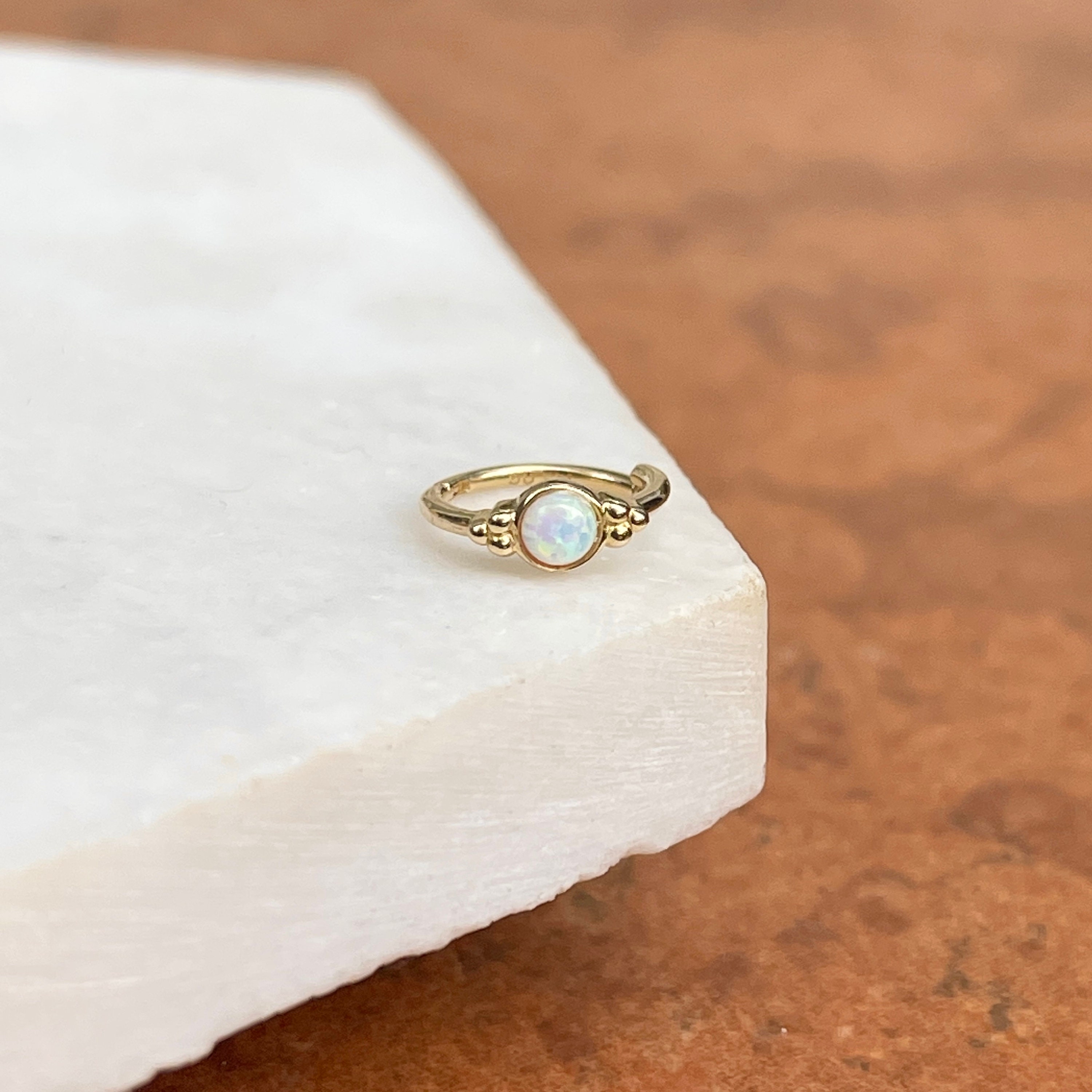 14KT Yellow Gold Round Blue Iridescent Opal Gemstone Cartilage Hoop ...