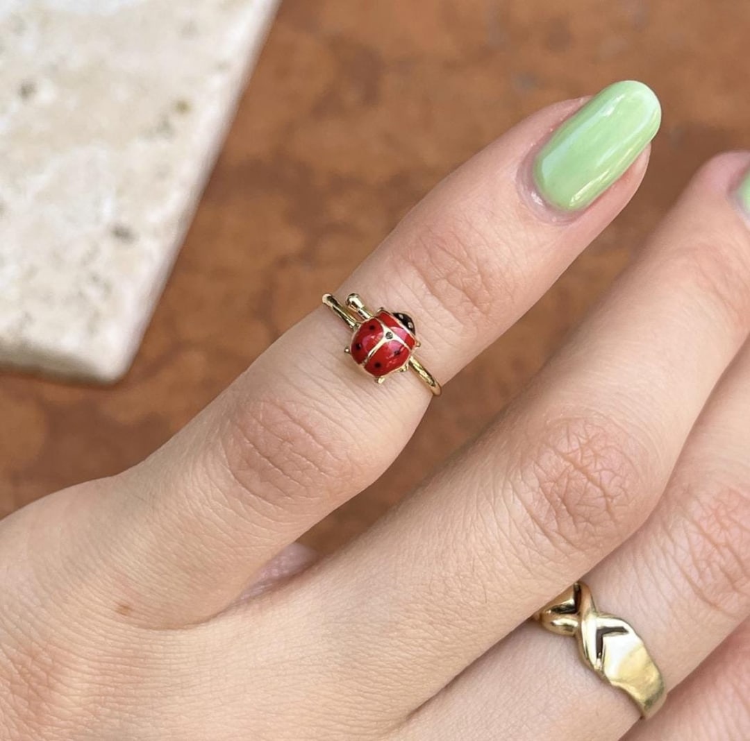14KT Yellow Gold Red Ladybug Ring NEW Adjustable Youth Ring or Midi ...
