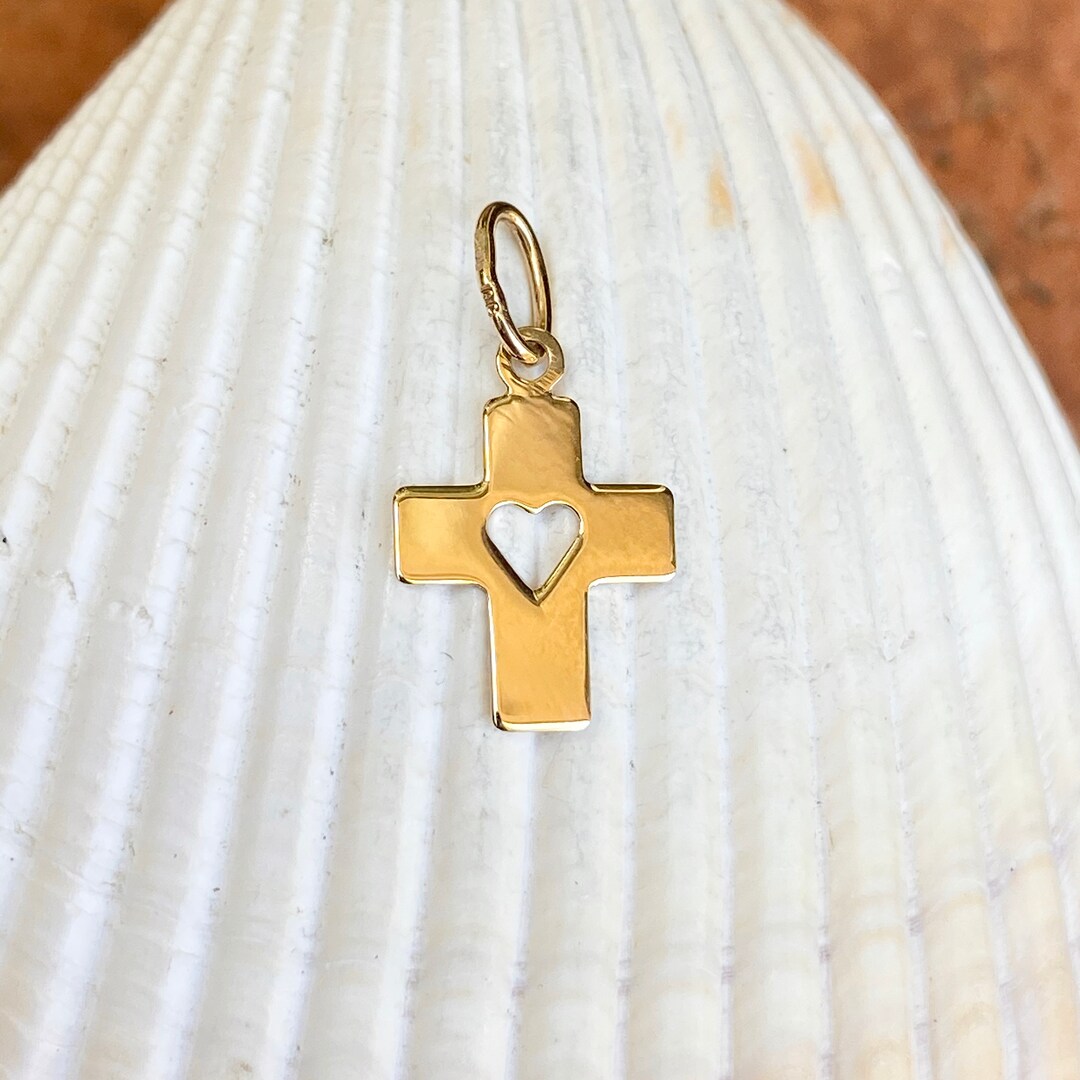 14KT Yellow Gold Polished Mini Cross Pendant Charm With Heart - Etsy