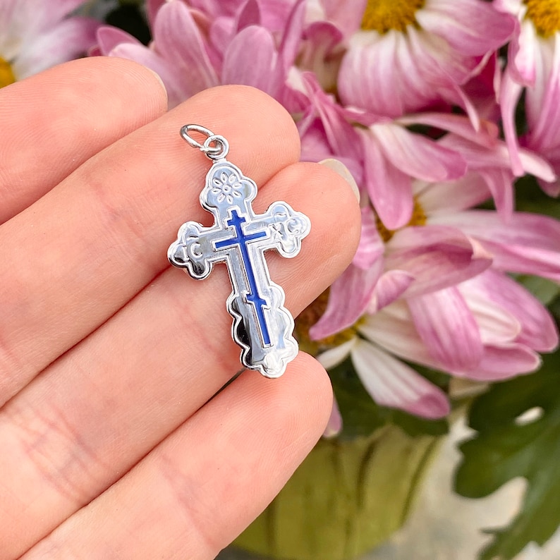 Sterling Silver Blue Enamel Eastern Orthodox Cross Detailed Pendant ...