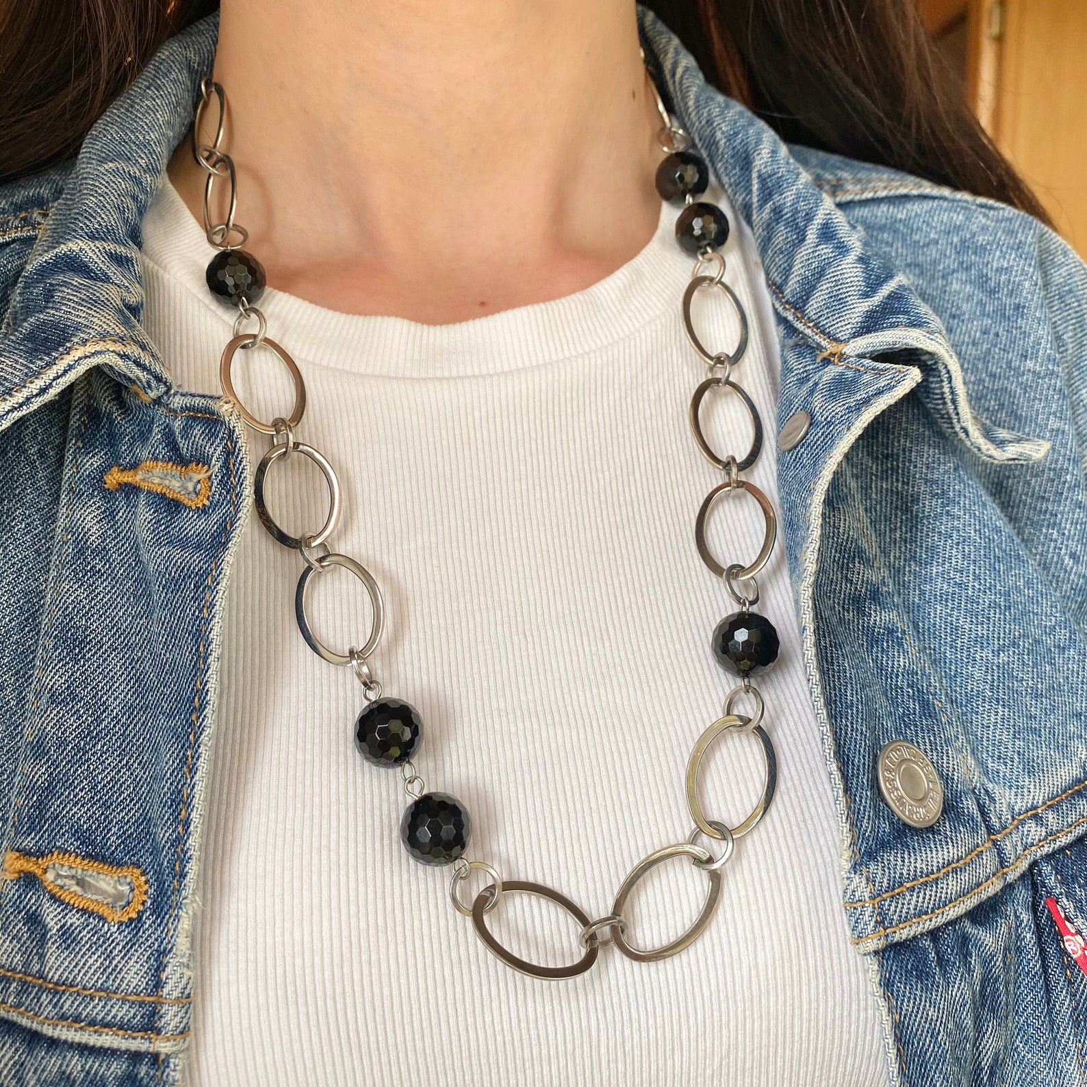 Stainless Steel Neck Large Open Link & Faceted Ball Black Onyx Chain ...