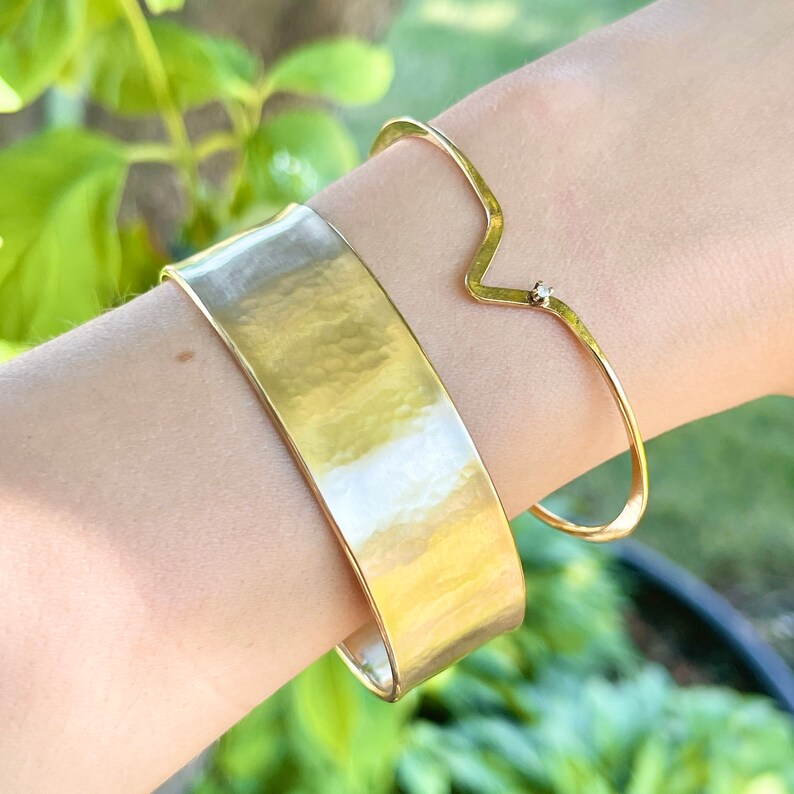 14KT Yellow Gold Hammered Textured Open-ended Cuff Bangle Bracelet NEW ...