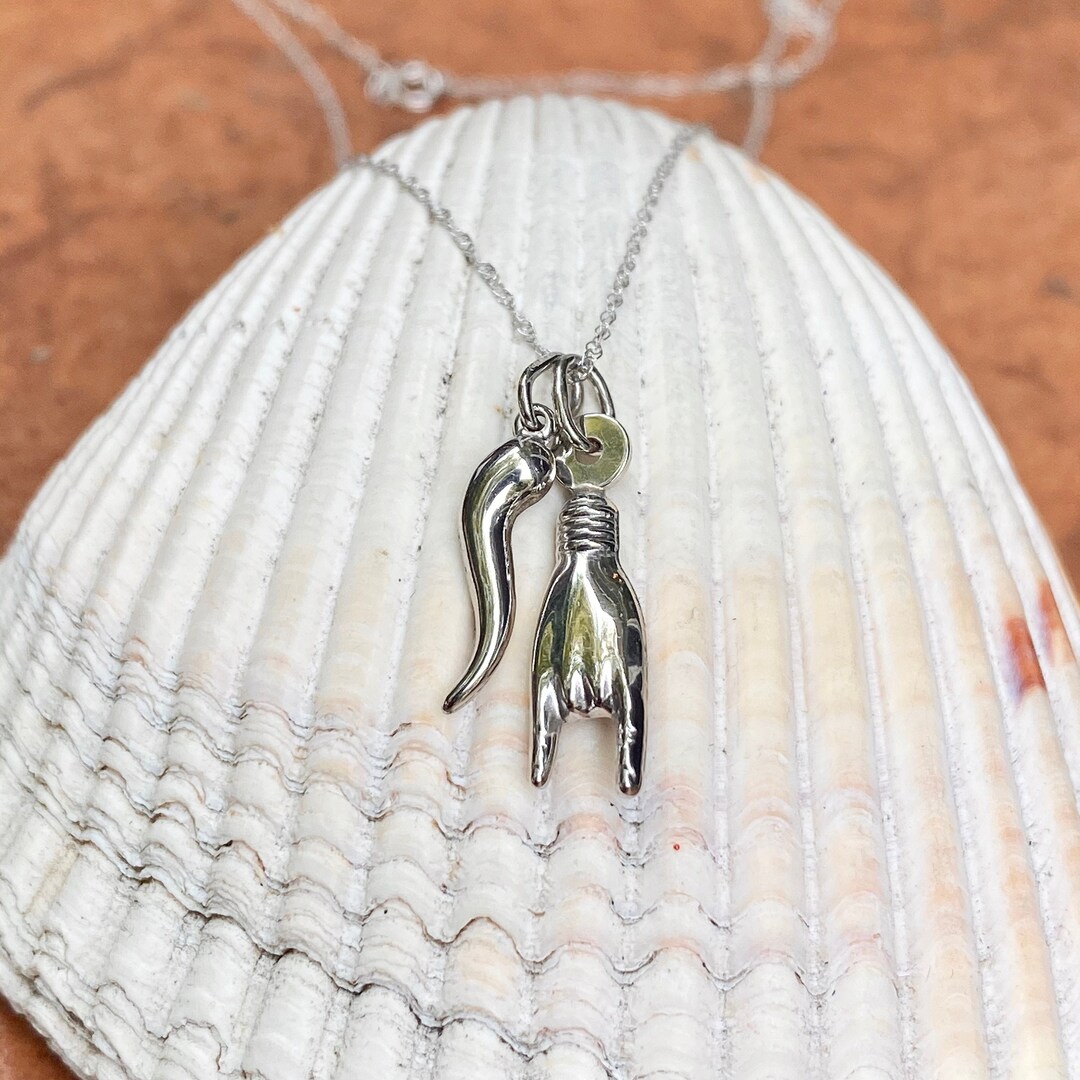 14KT White Gold Italian Mano Cornuto + Italian Horn Corno Pendant ...
