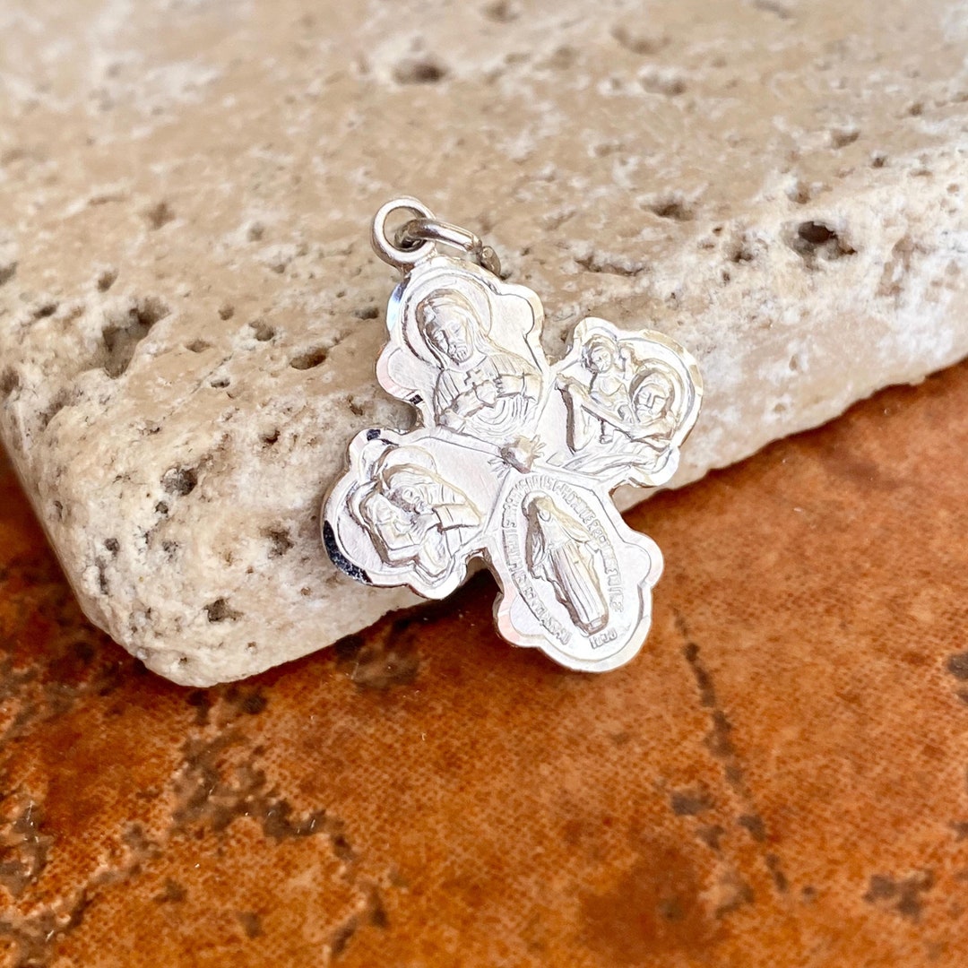 Sterling Silver Four Way Catholic Cross Medal Engraved Pendant Charm ...