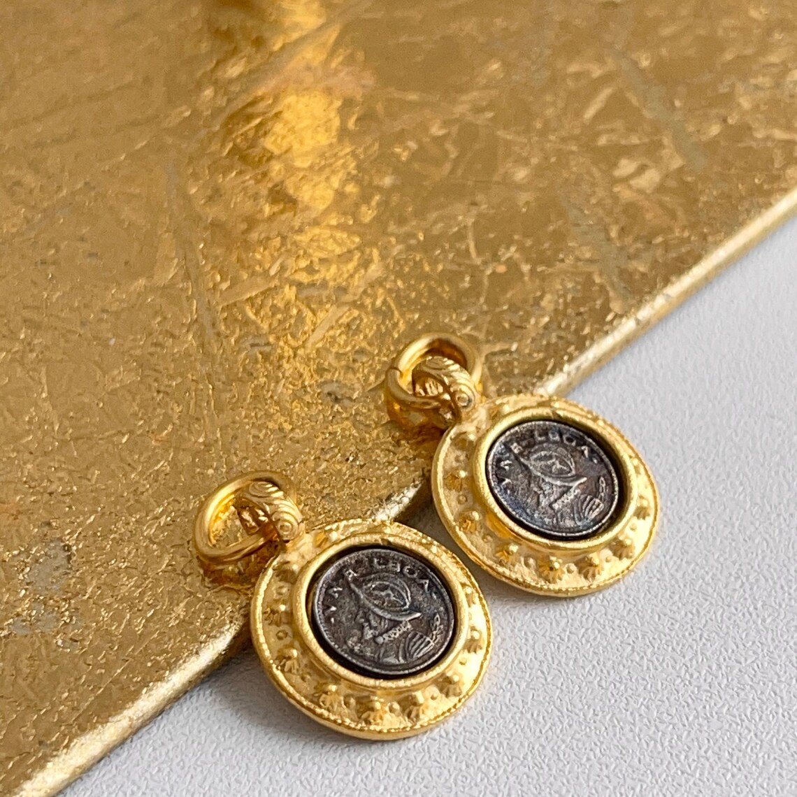 Yellow Gold-tone Detailed Faux Coin Shaped Round Dangle Earring Charms ...