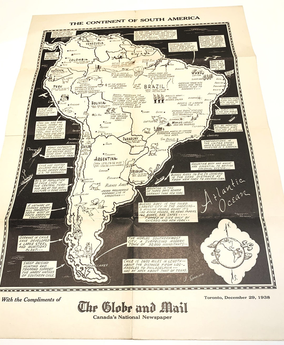 1938 Map of the Continent of South America From the Globe and Mail ...
