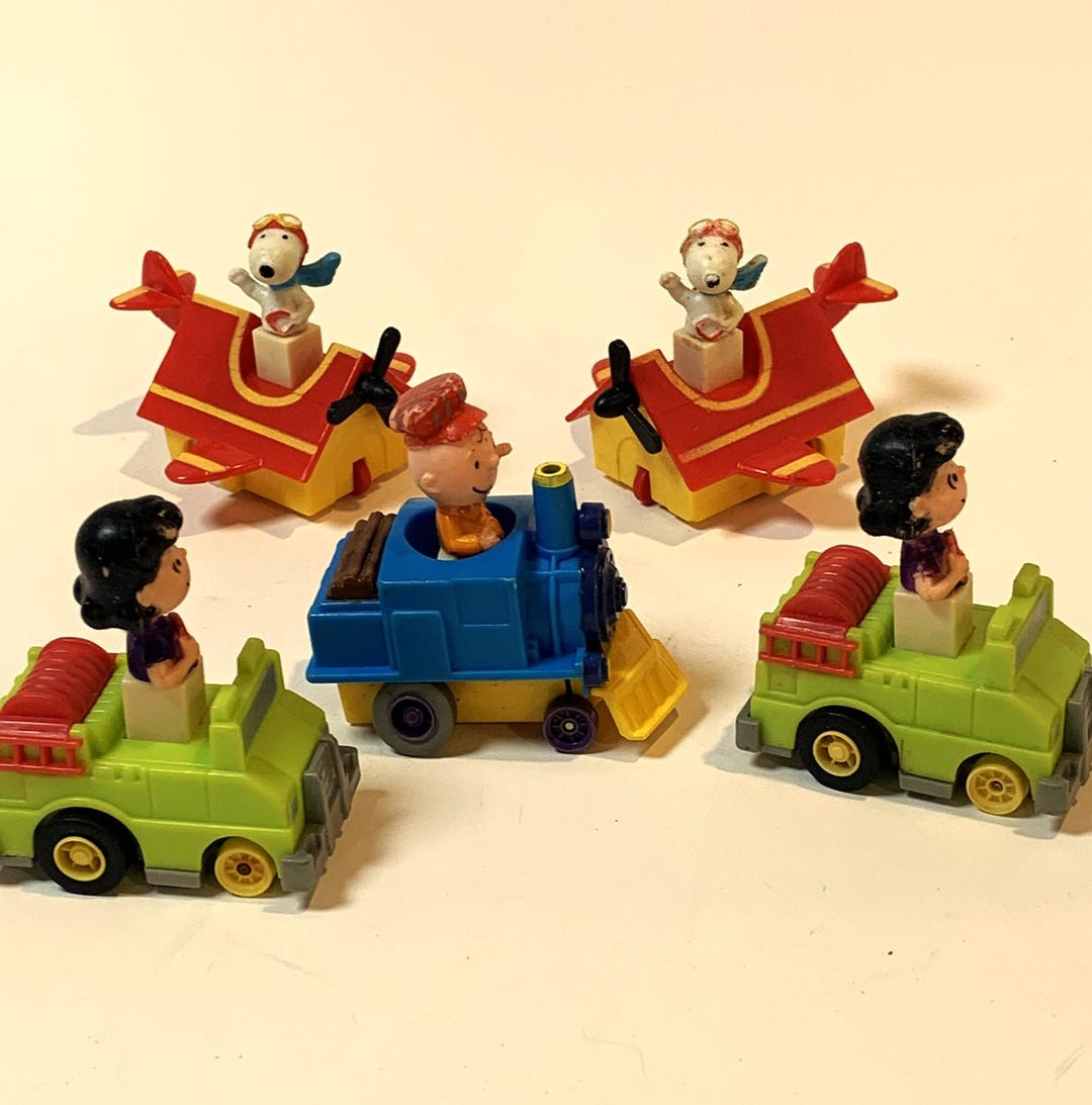 Vintage 5 Peanuts Push Down Toy Cars 1950 - 1966 Charlie Brown , Lucy ...