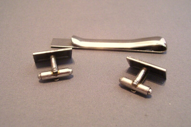 Vintage Cufflinks Tie Clasp Set Rhodium Finish Mid Century | Etsy