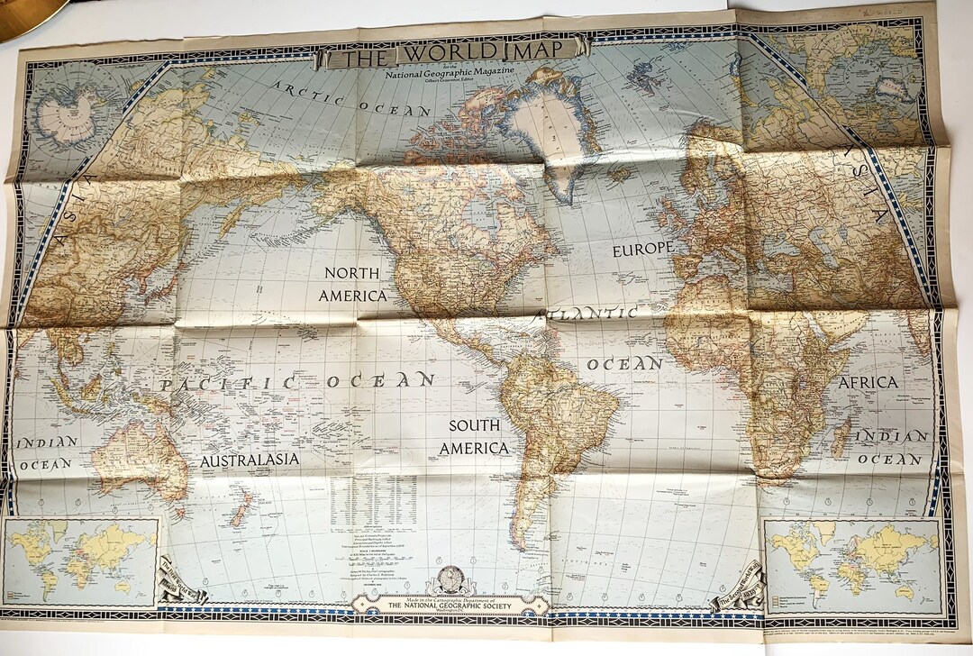 1943 the World Map by National Geographic Magazine Wall Art Decor ...