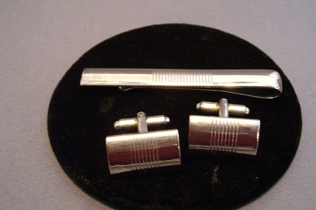 Vintage Cufflinks Tie Clasp Set Rhodium Finish Mid Century Retro - Etsy