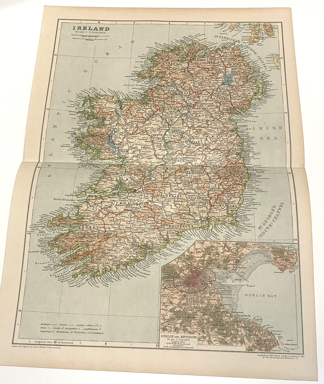1910 Colored Map of Ireland W Insets Dublin & Environs Encyclopaedia ...