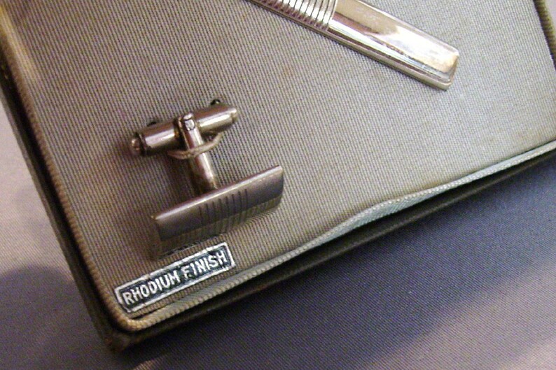 Vintage Cufflinks Tie Clasp Set Rhodium Finish Mid Century | Etsy