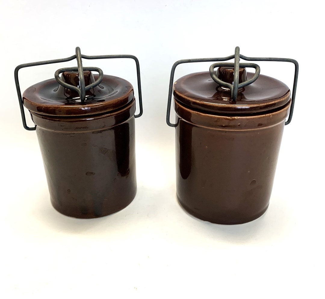 Pair Vintage Stoneware Crocks Storage Jars W Lids , Metal Bales ...