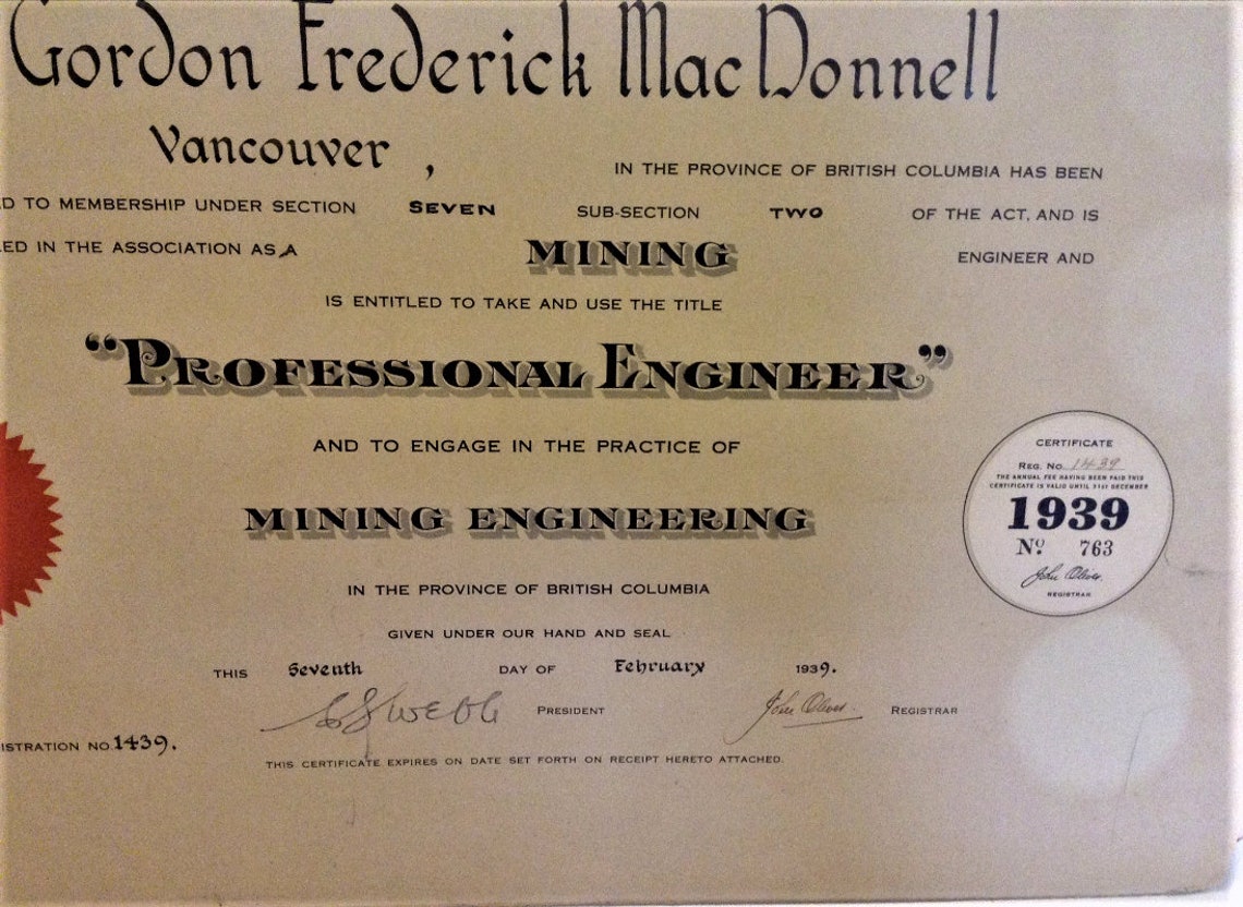 Vintage Mining Engineer Certificate 1939 British Columbia | Etsy