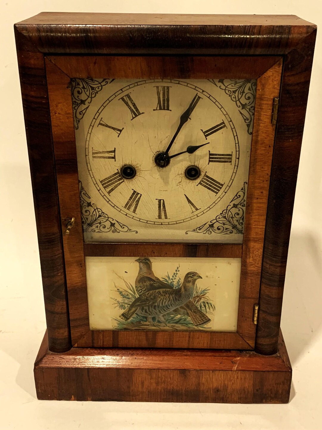 Antique Ansonia Wooden Mantle Shelf Clock With Tin Face Pheasants on ...
