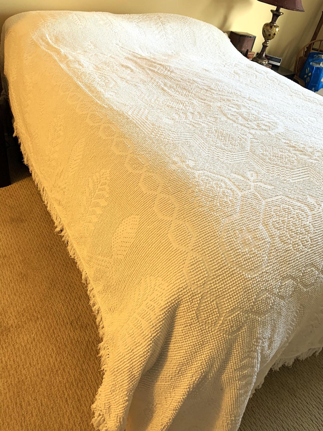 Vintage Popcorn Chenille Bedspread White Full 107" X 85" Plus Fringe ...