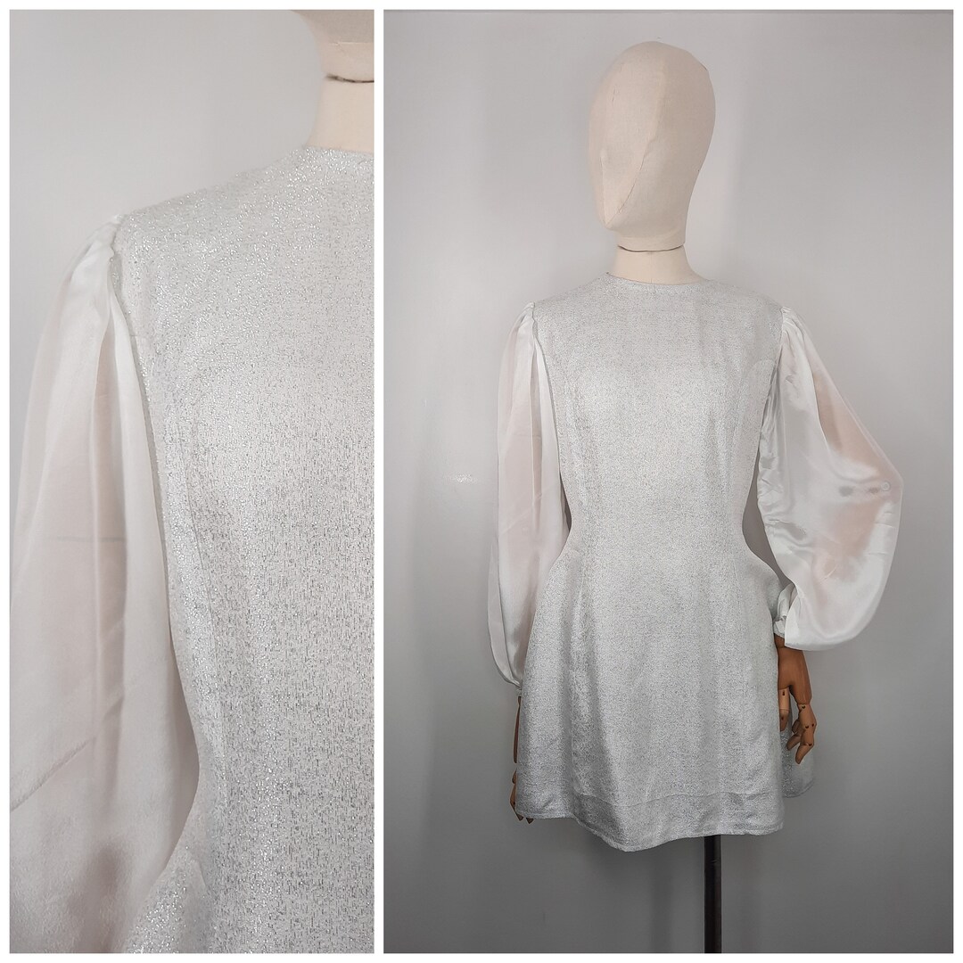Vintage 60's / 70s Silver Go Go Mini Dress With Balloon Sleeves Sz XS ...