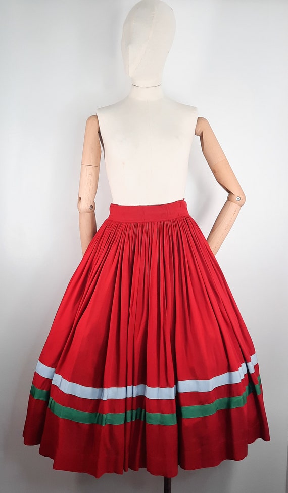 Vintage 50's Red Full Circle Skirt with Stripe Border… - Gem