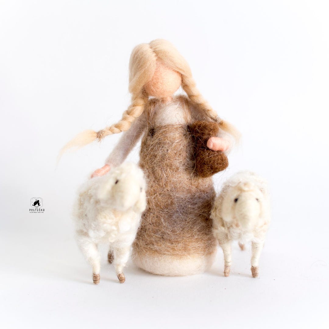 Handmade Needle-felted Shepherdess With Sheep | Wool Nativity Figure ...