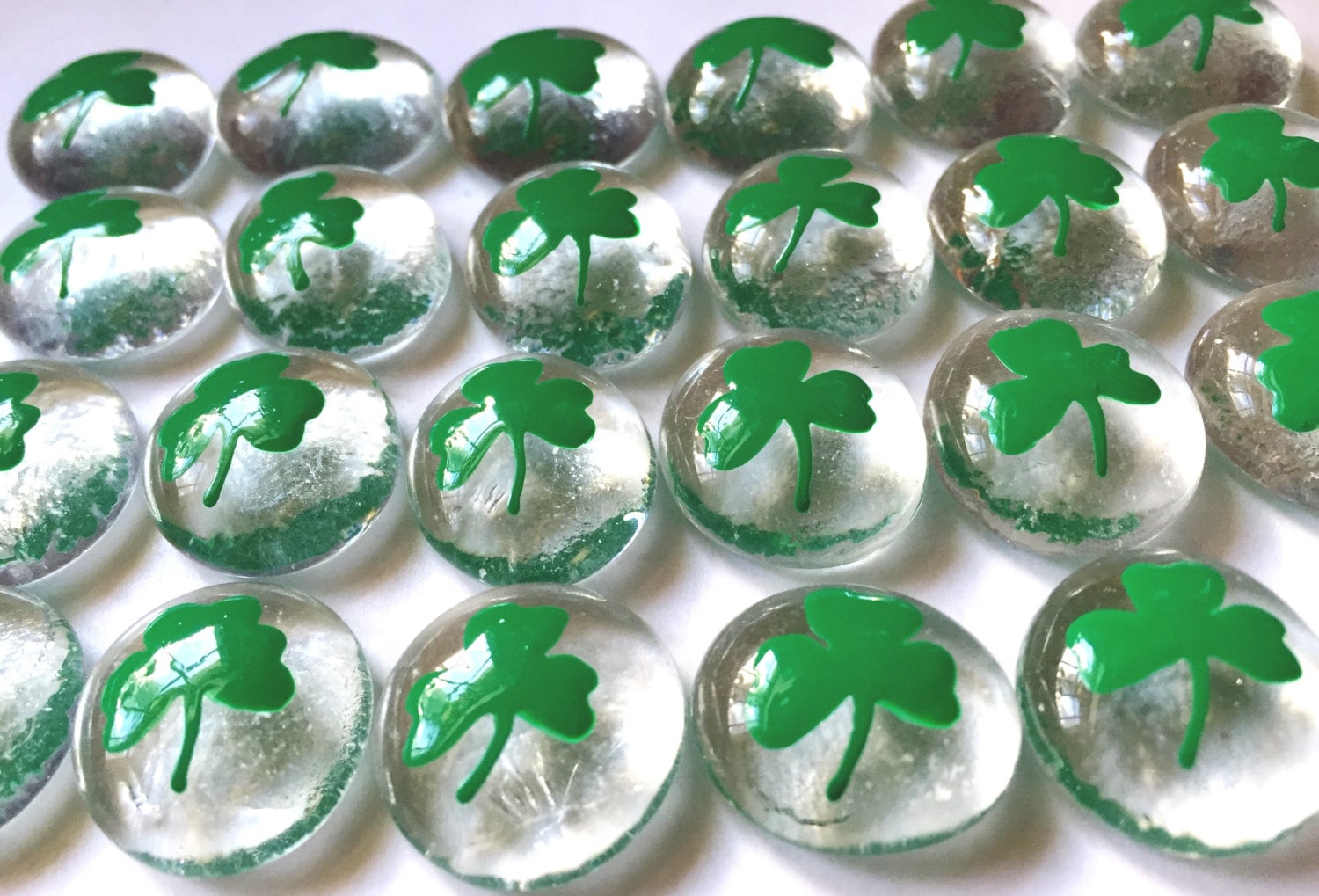 SHAMROCKS 24 Hand Painted Glass Gems, Party Favors, Party Decorations ...