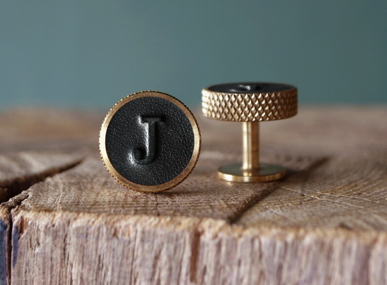 Personalized Leather & Brass Cufflinks: Knurled Initial Cufflinks - Etsy