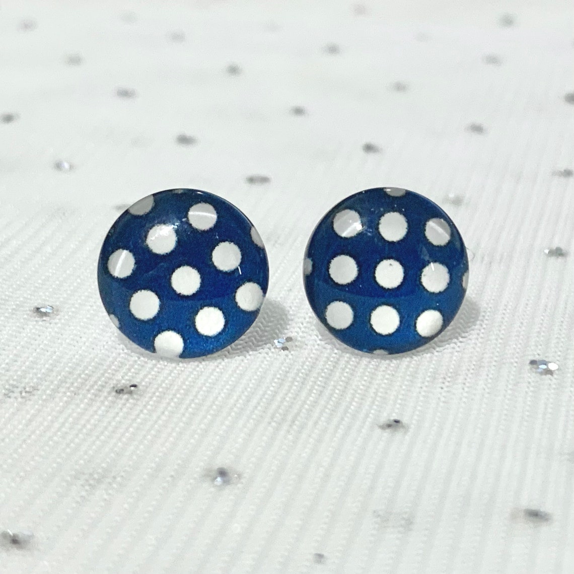 Navy Blue Stud Earrings Cute Polka Dot Earrings Fun - Etsy