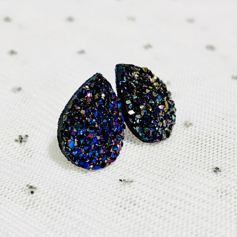 Blue Crystal Stud Earrings Blue Teardrop Druzy Earrings | Etsy