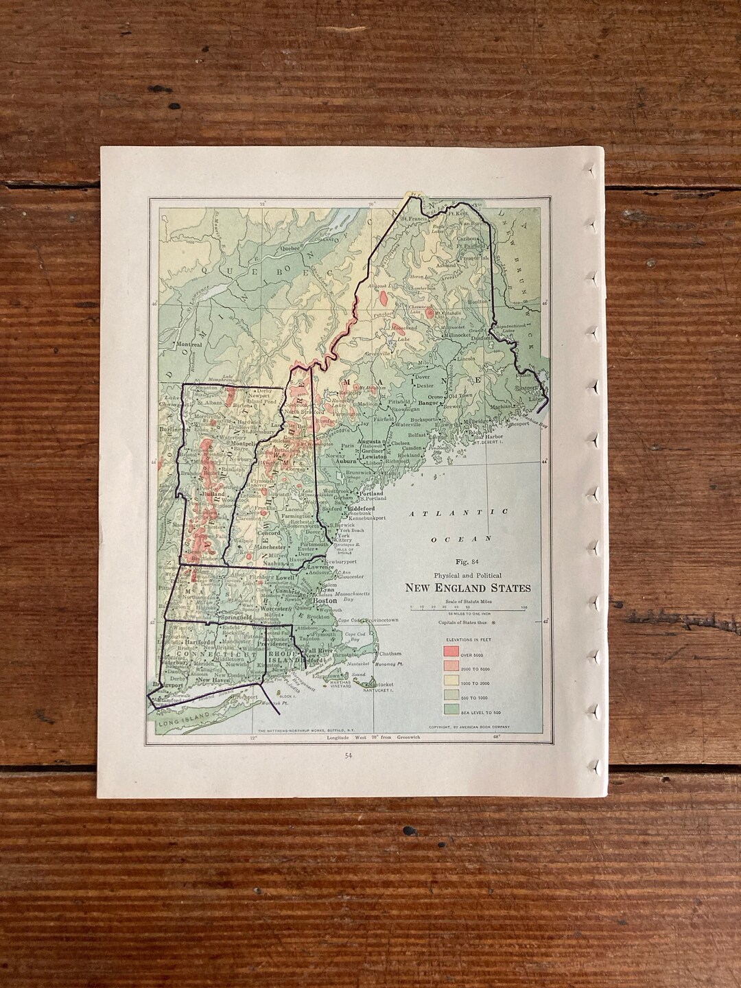 Vintage New England States Atlas Map, Antique Hand-tied Map Excised ...