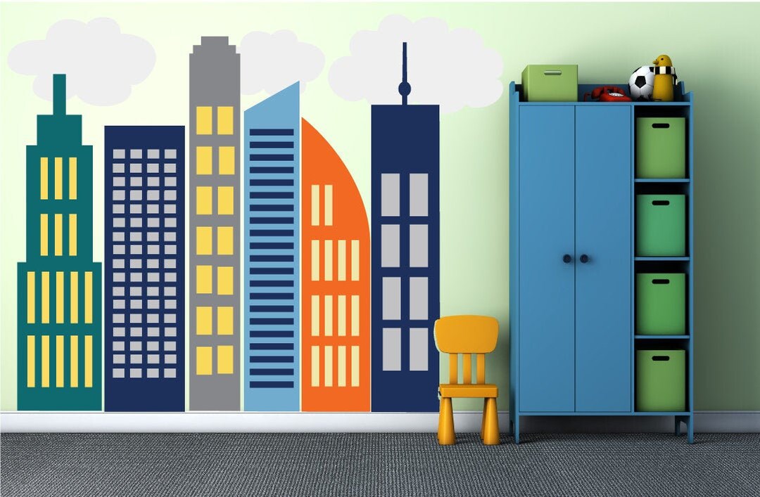 City Buildings Decal, City Decal, Reusable Fabric Decal, Kids Room ...