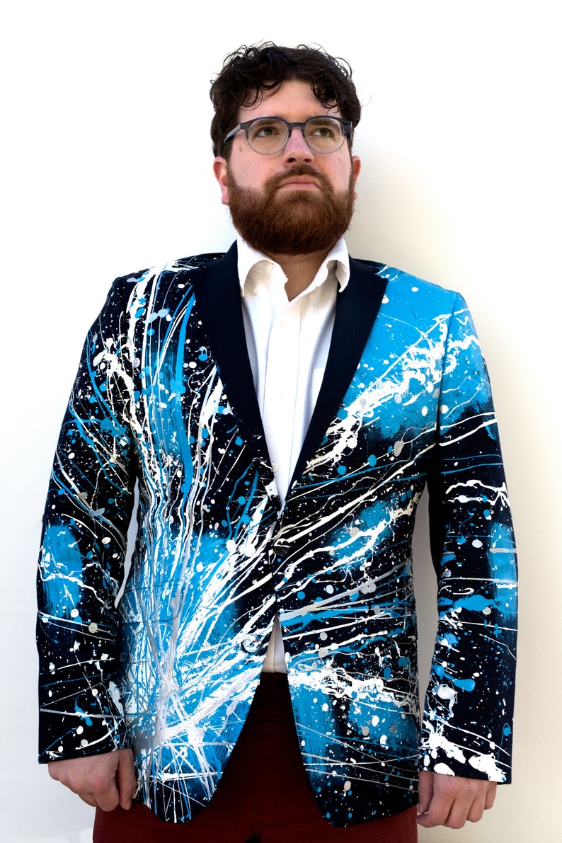 One of a Kind Blue Painted Jacket, Silver White Custom Jacket Burning ...