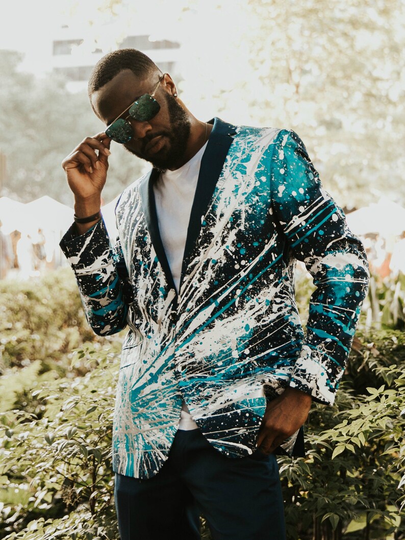 One of a Kind Blue Painted Jacket, Silver White Custom Jacket Burning ...