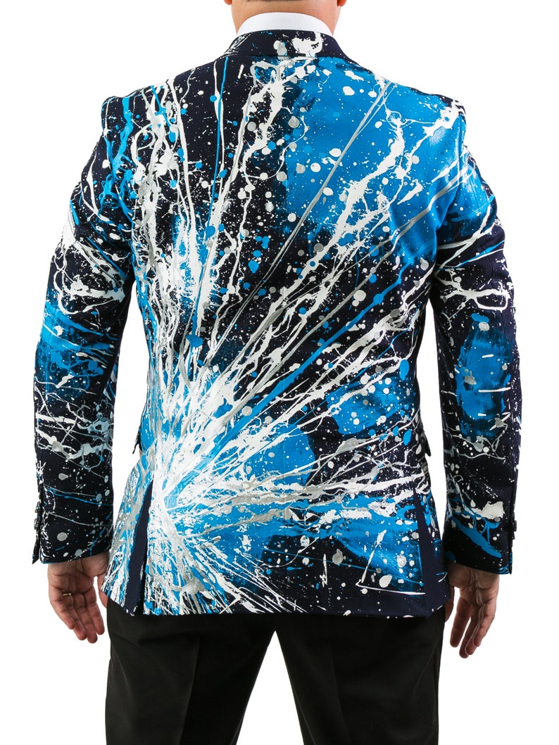 One of a Kind Blue Painted Jacket, Silver White Custom Jacket Burning ...