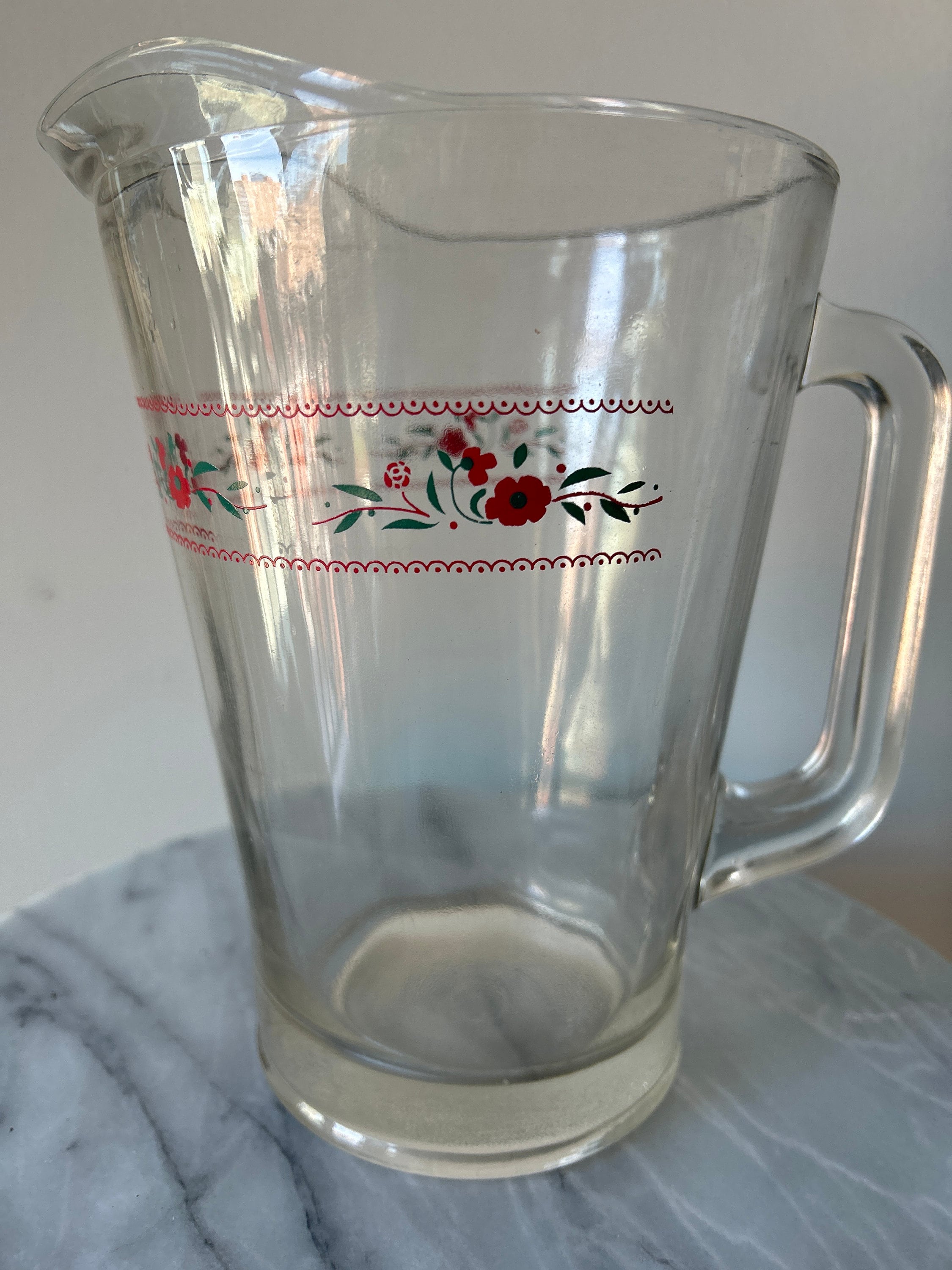 Vintage Heavy Glass Pitcher With Small Red Floral Design. - Etsy