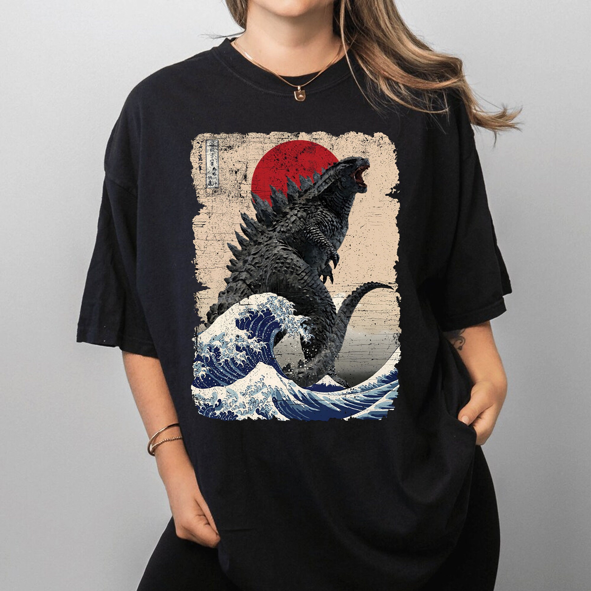Vintage Japanese Godzilla Great Wave PNG, Godzilla and the Wave Youth ...