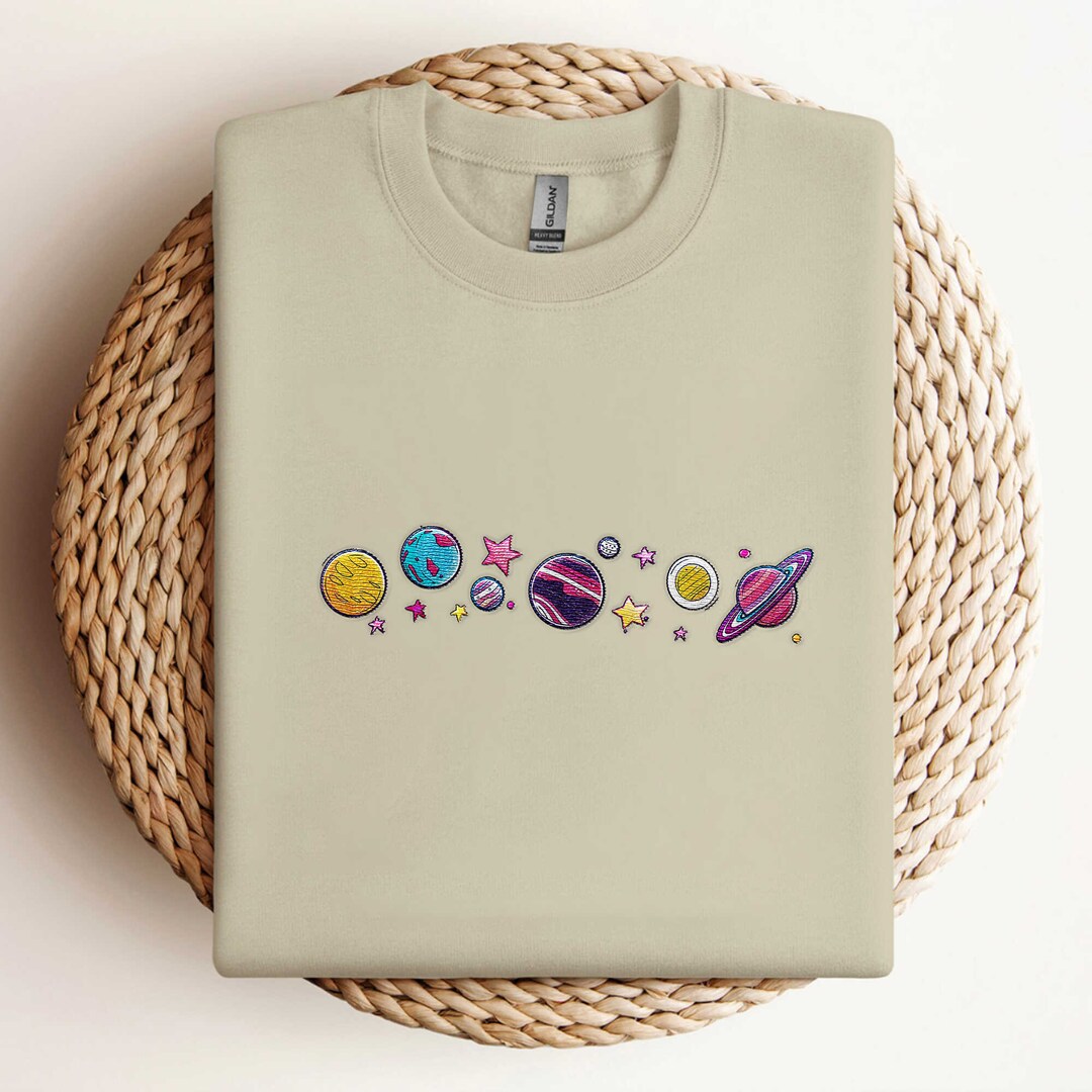 Pink Planets Embroidered Sweatshirt, Embroidered Space Crewneck, Comfy ...