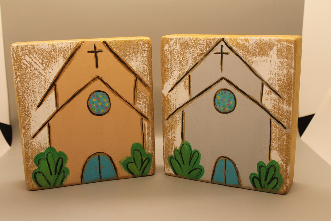 Hand Painted Wood Block Church - Etsy