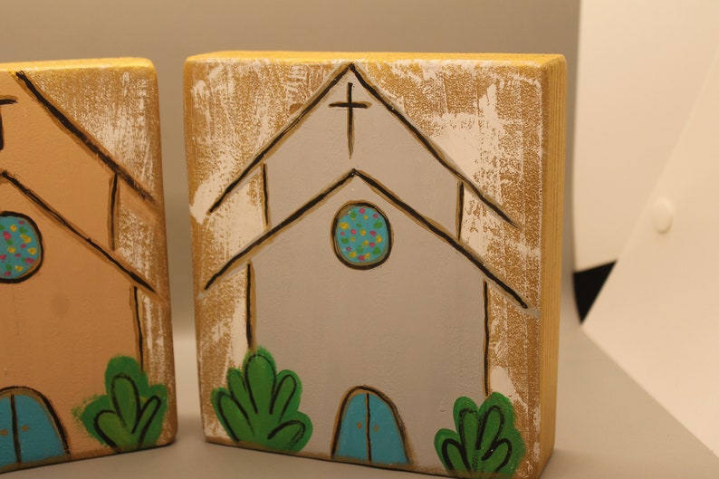 Hand Painted Wood Block Church - Etsy
