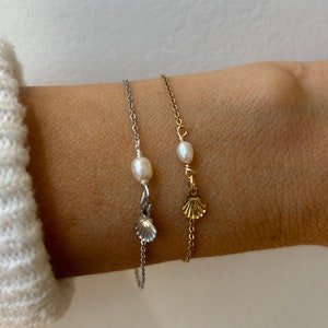 Dainty Pearl Bracelet. Tiny Pearl and Shell Bracelet. Tiny Shell Charm ...