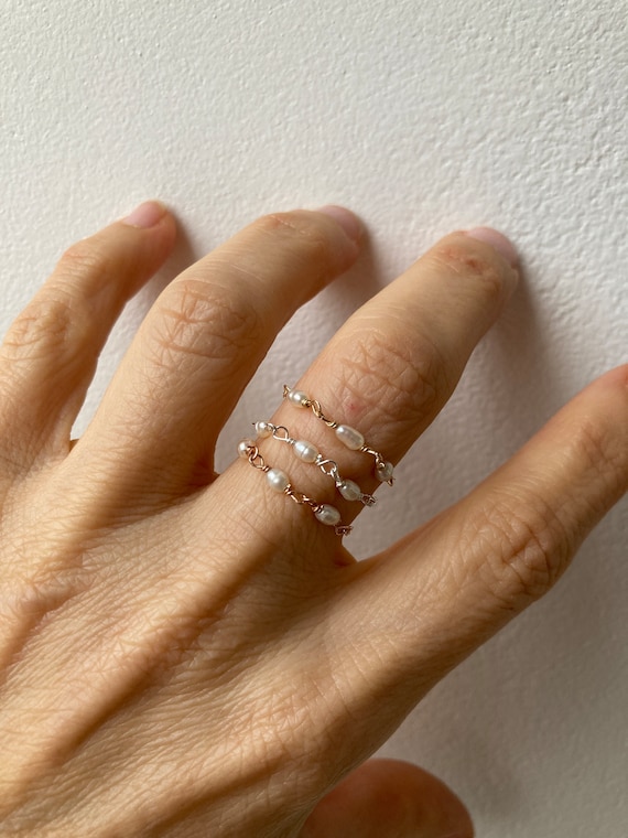 Dainty Pearl Ring. Freshwater Pearl Ring. Chain Ring. 14k Gold Filled rose Gold Filled sterling Silver Ring. June Birthstone Etsy