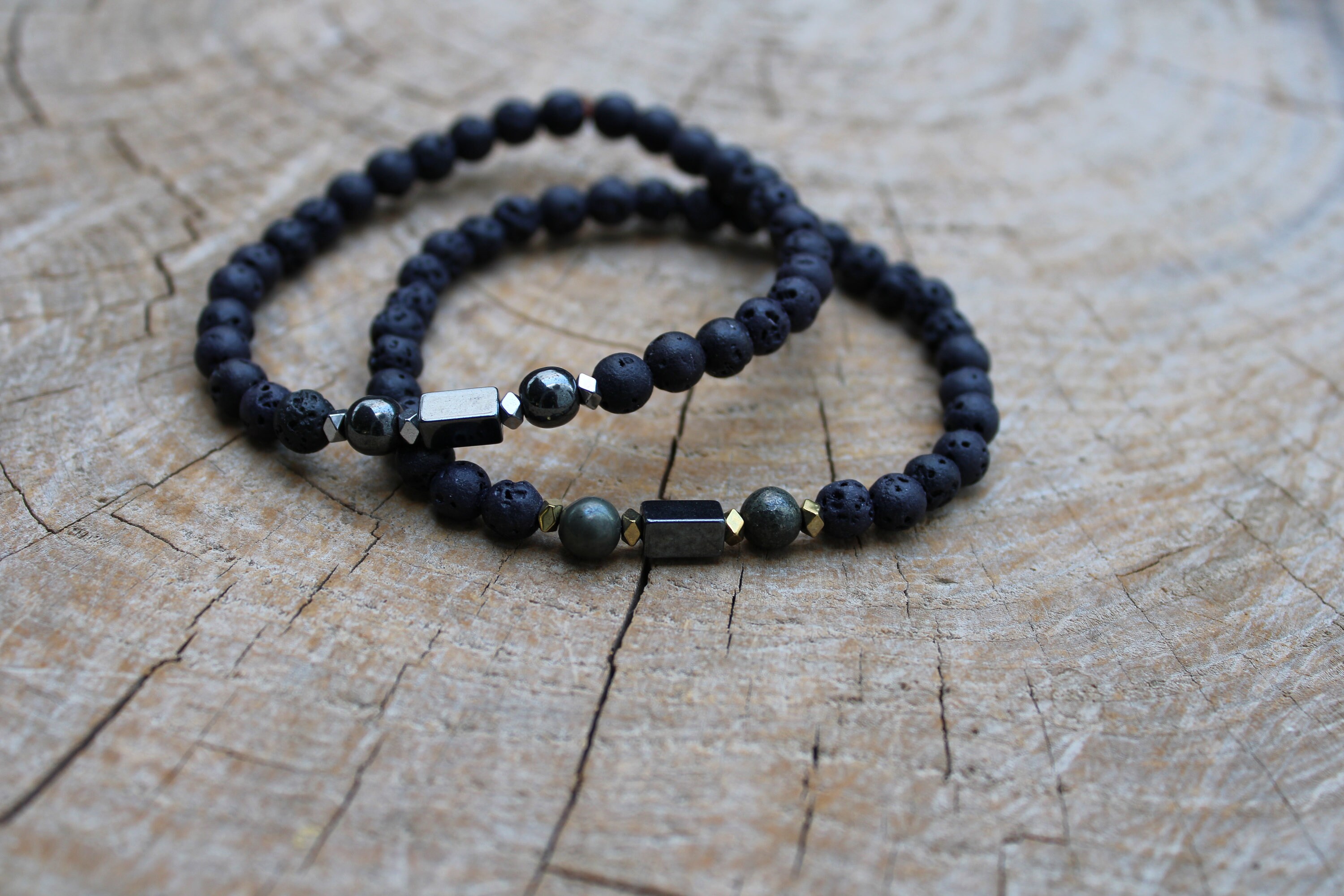 Mens lava rock bracelet. Beaded lava rock and hematite bracelet. Pyrite ...
