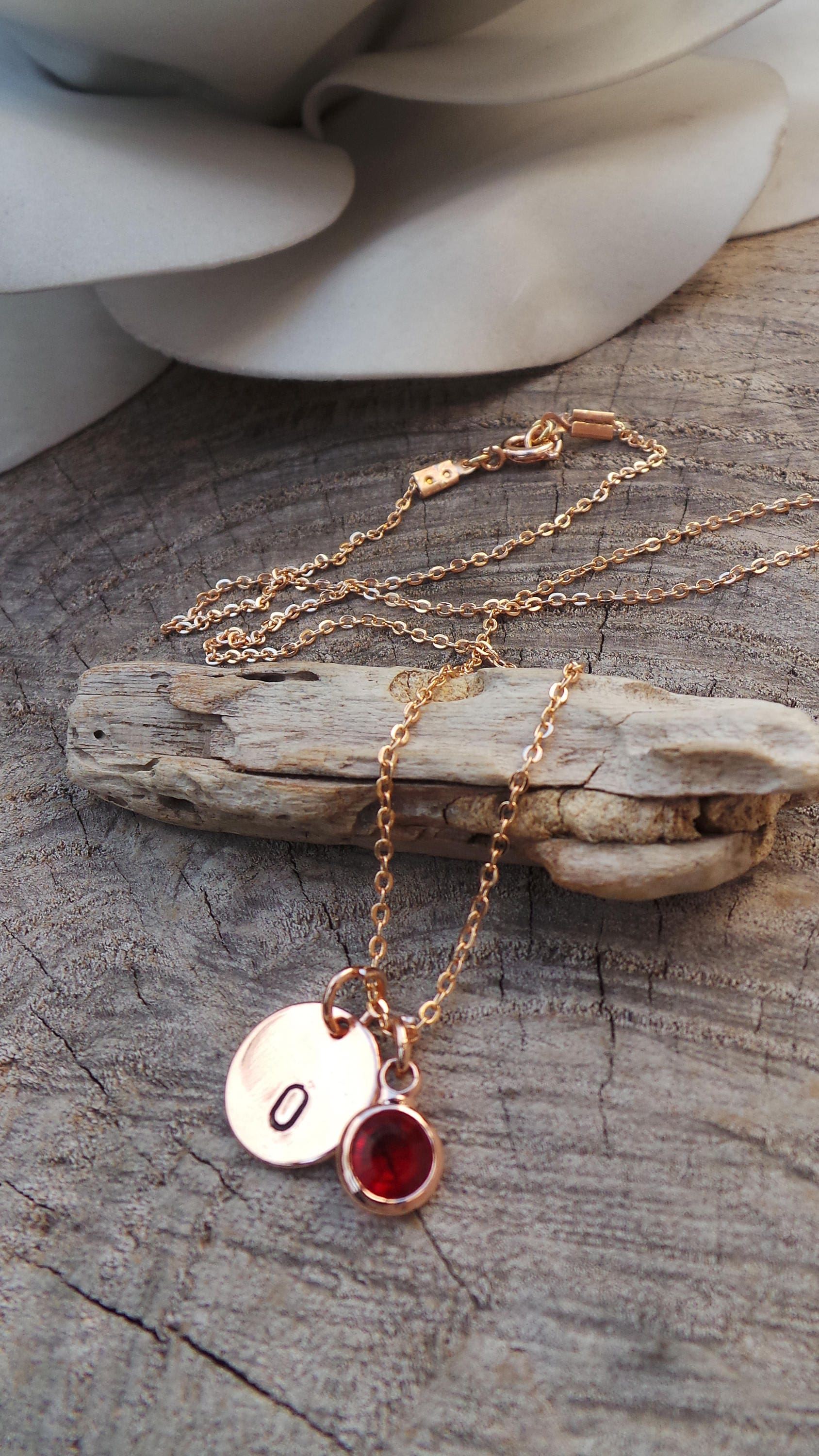 Initial and birthstone necklace. Hand stamped initial necklace.Rose ...