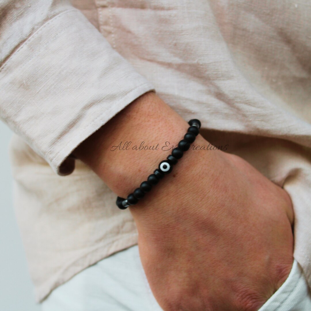 Mens Evil Eye Bracelet. Black Beaded Evil Eye Bracelet. Stone Bracelet ...