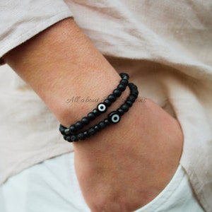 Mens Evil Eye Bracelet. Black Beaded Evil Eye Bracelet. Stone Bracelet ...