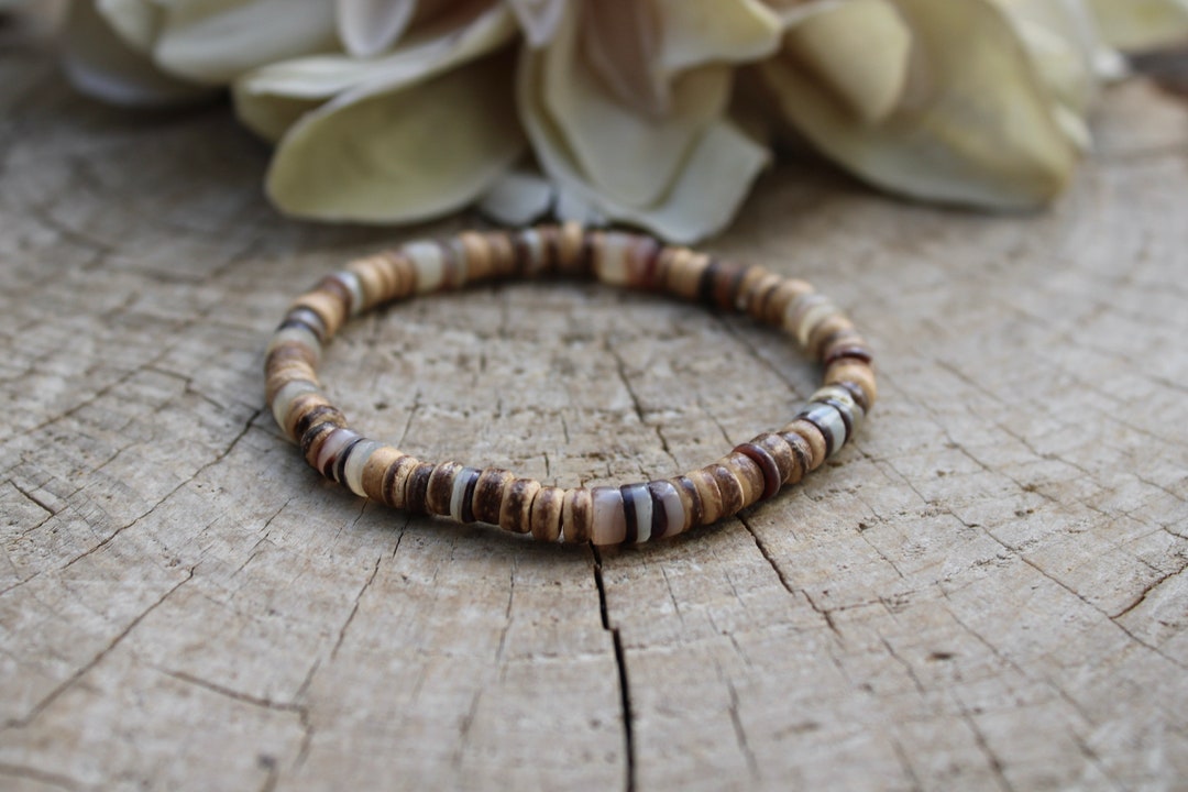 Mens Beaded Bracelet. Hammer Oyster Shell Heishi Bracelet. Coconut and ...