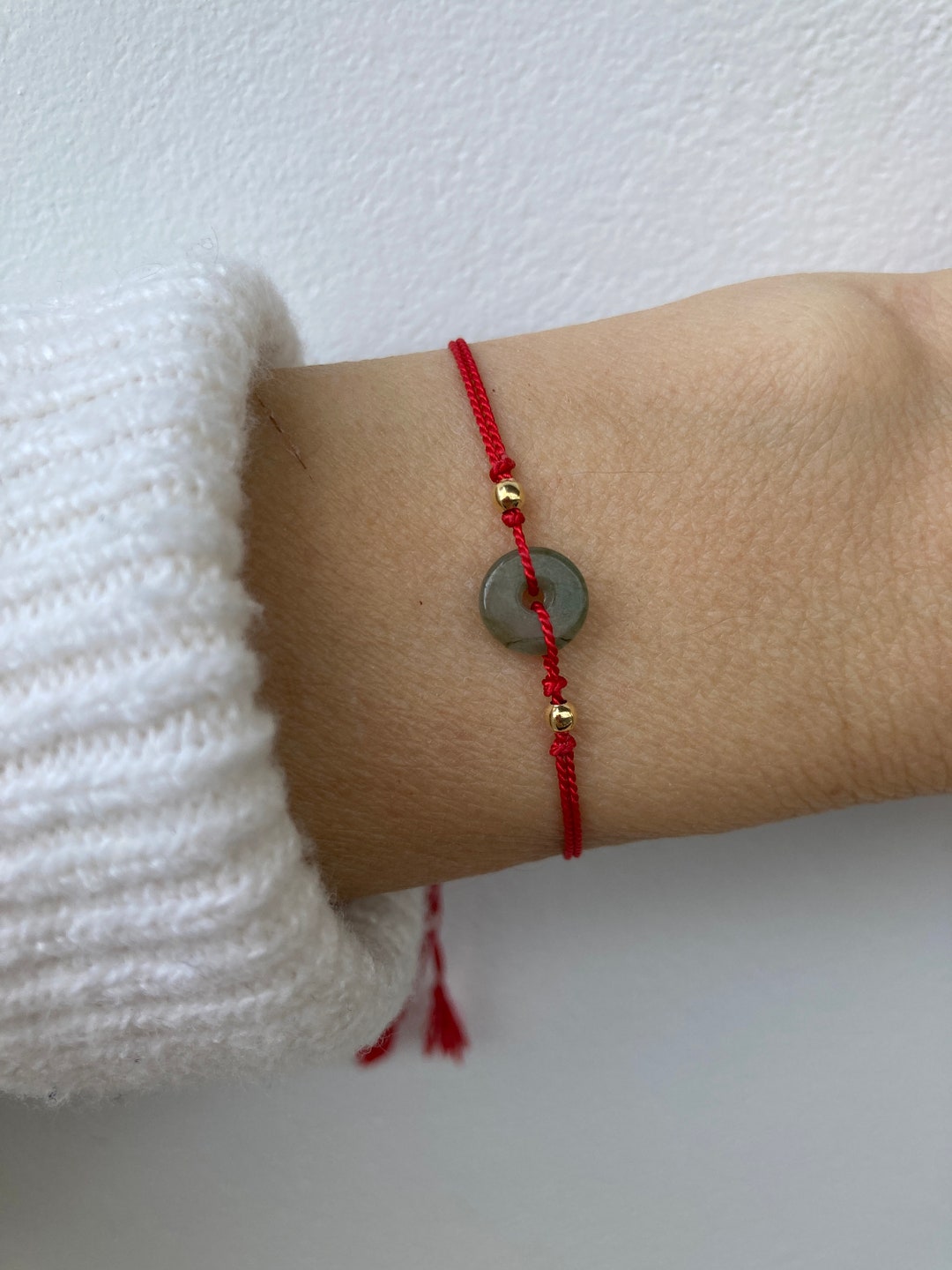 Jade Donut Cord Bracelet. Red Silk Bracelet With Jade. Green Jade Red ...