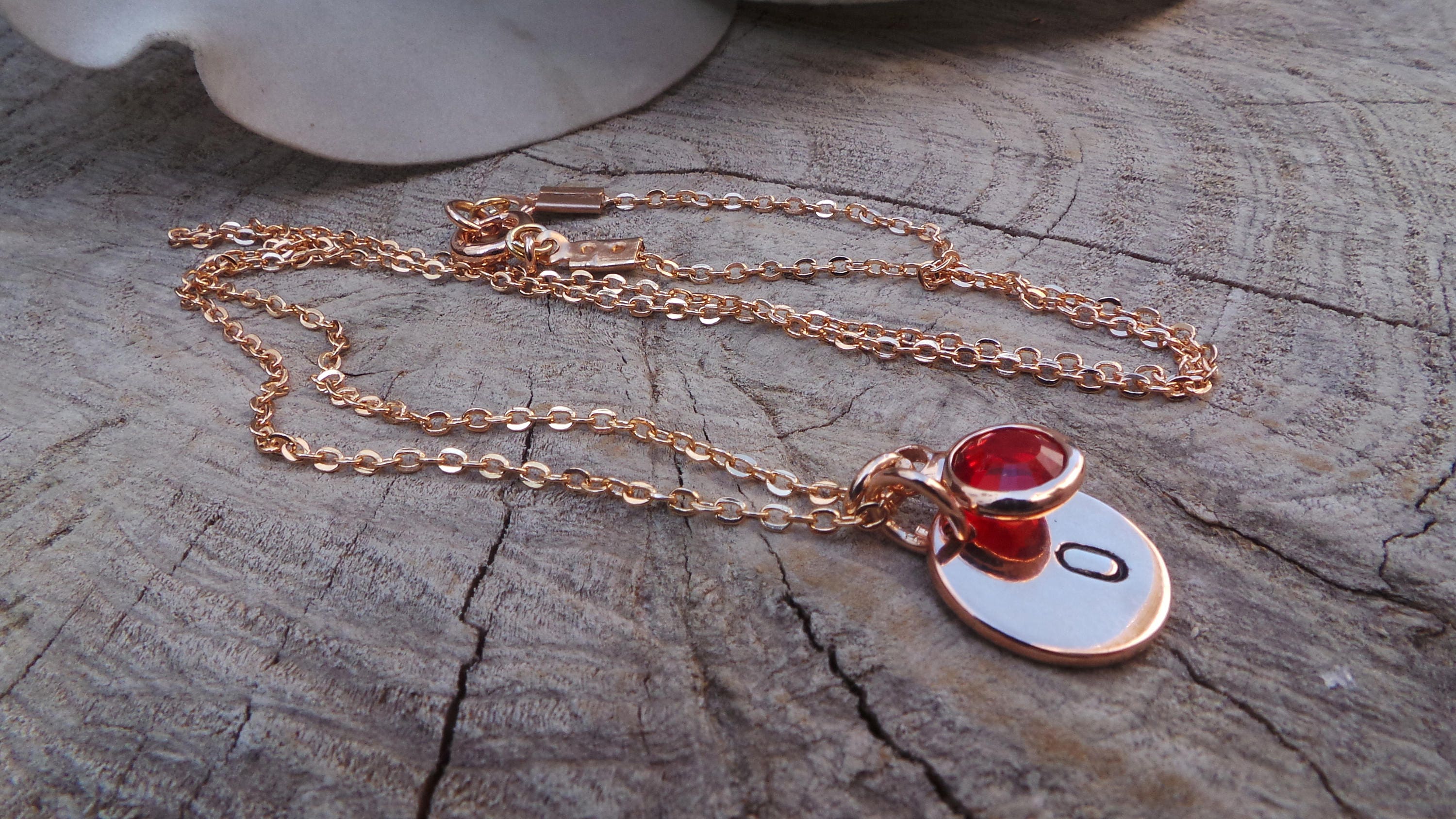 Initial and birthstone necklace. Hand stamped initial necklace.Rose ...