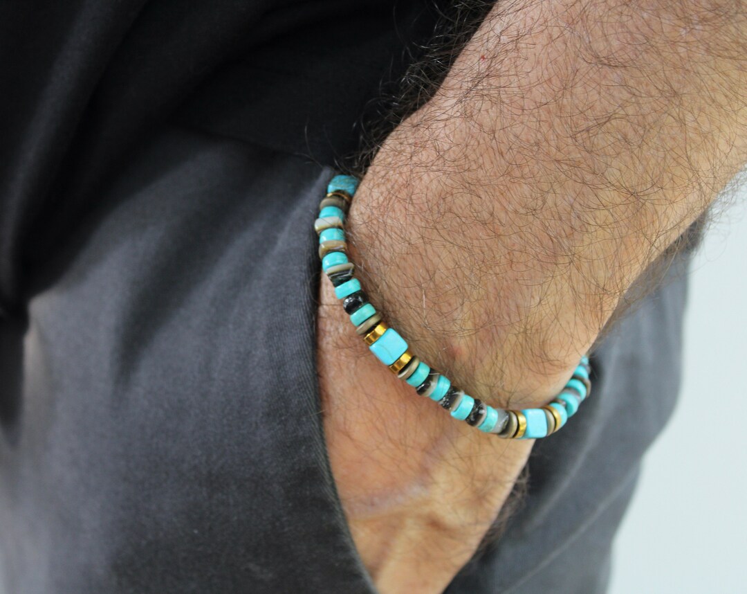 Mens Beaded Bracelet. Turquoise and Shell Heishi Bracelet. Mens Stretch ...