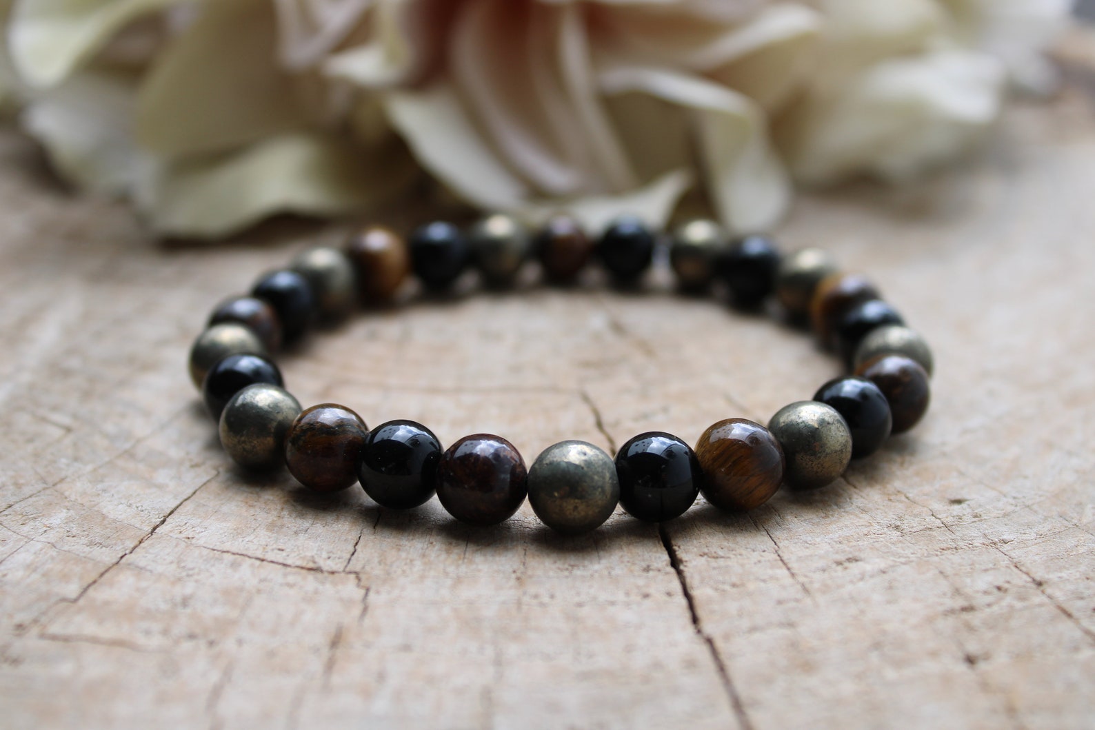 Pyrite, Bronzite and Onyx Bracelet. Mens Beaded Bracelet. Mens Gemstone ...