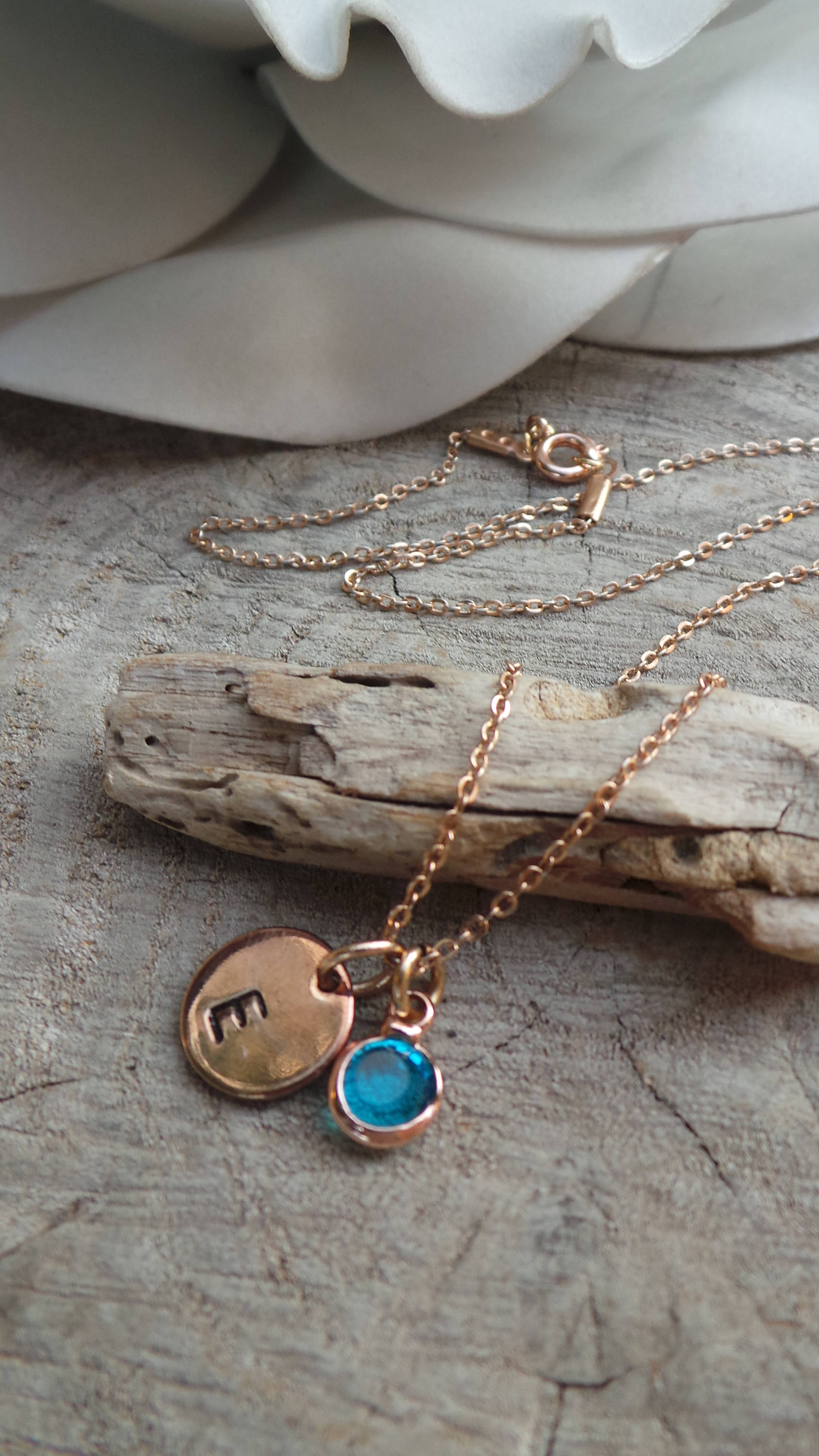 Initial and birthstone necklace. Hand stamped initial necklace.Rose ...